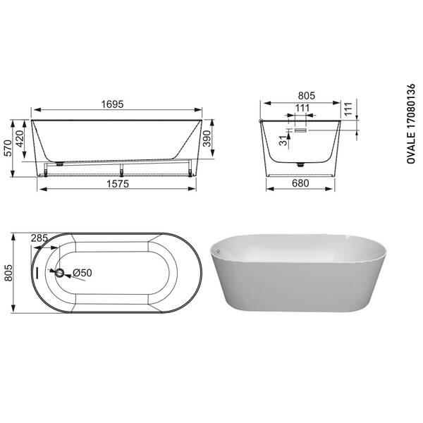 Ванна акрилова Devit Ovale 17080136 170х80 см окремостояча - купити в інтернет-магазині АГРОМАТ ...